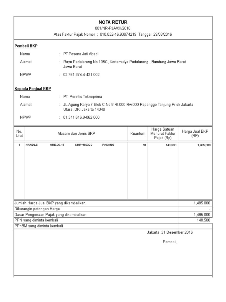01.nota Retur Pesona Jati Abadi | PDF
