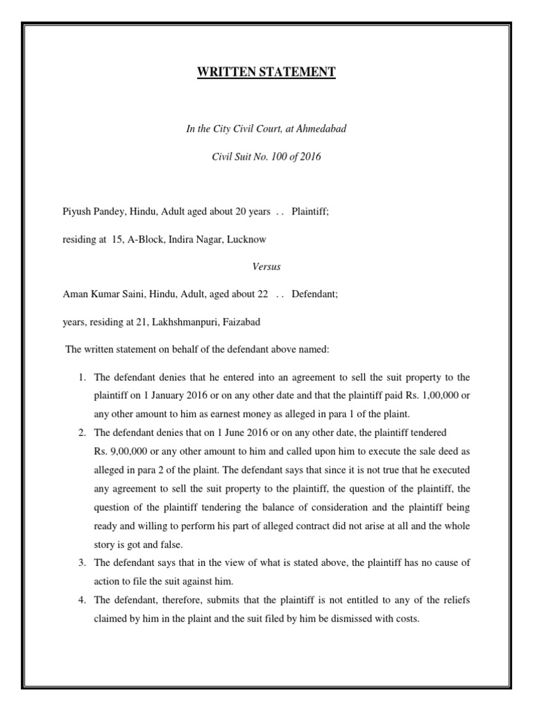 Written Statement: in The City Civil Court, at Ahmedabad Civil Suit No ...