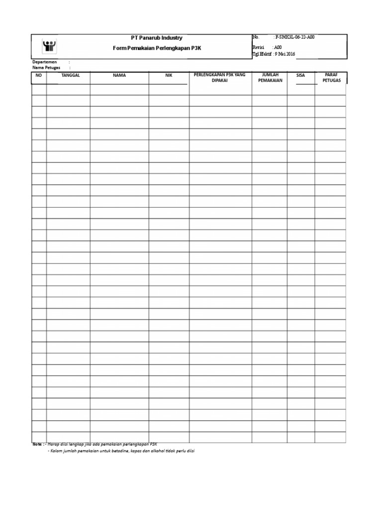 Form Pemakaian Perlengkapan P3K | PDF