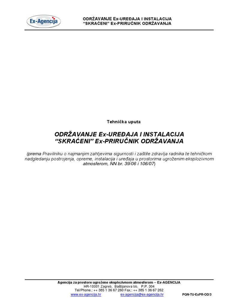 ExAgencija Tehnicka Uputa Odrzavanje Ex Uredjaja I Instalacija | PDF