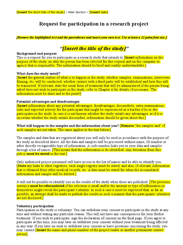 Request For Participation in A Research Project: " (Insert The Title of ...