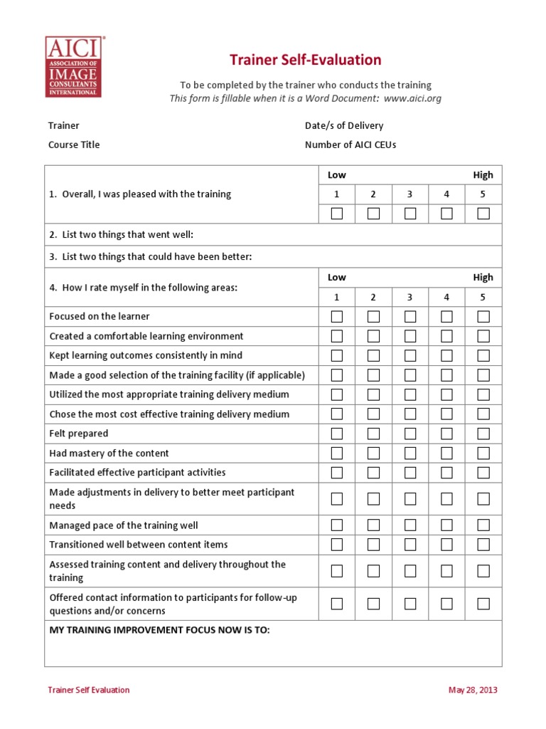 Trainer Self-Evaluation: Low High | PDF