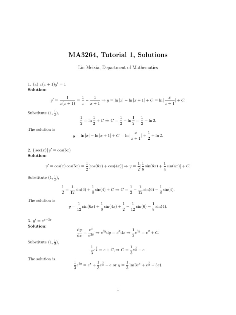 MA3264Tutorial1 Solutions by Lin | PDF | Derivative | Equations