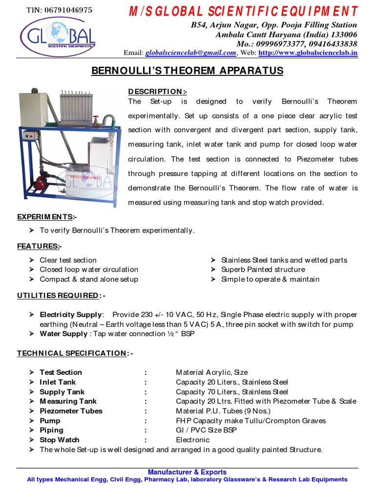 Bernoulli's Theorem Apparatus | PDF | Laboratories | Pump