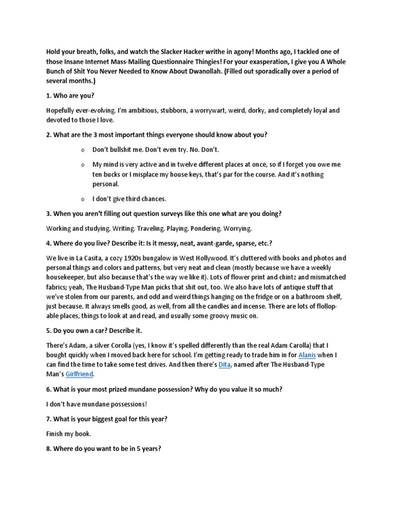 Personal Response Questions 400 | PDF | Love | Entertainment (General)