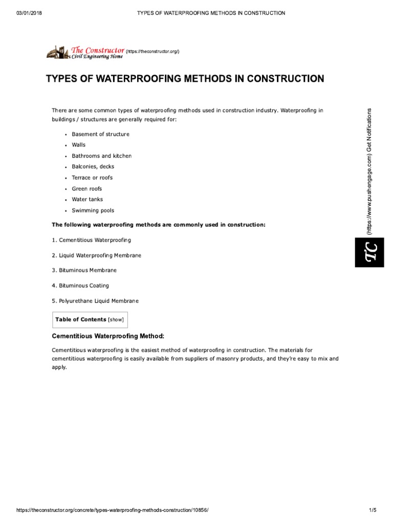Types of Waterproofing Methods in Construction PDF | PDF