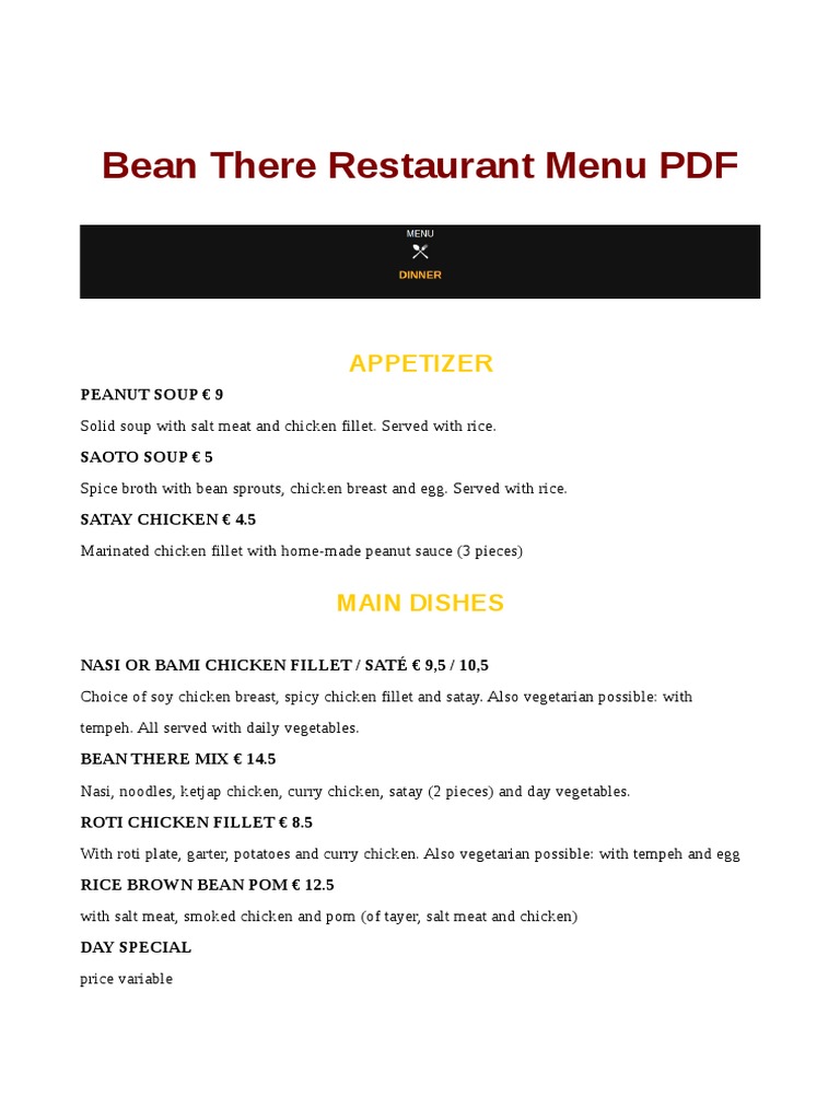 Bean There Restaurant Menu Overview | PDF
