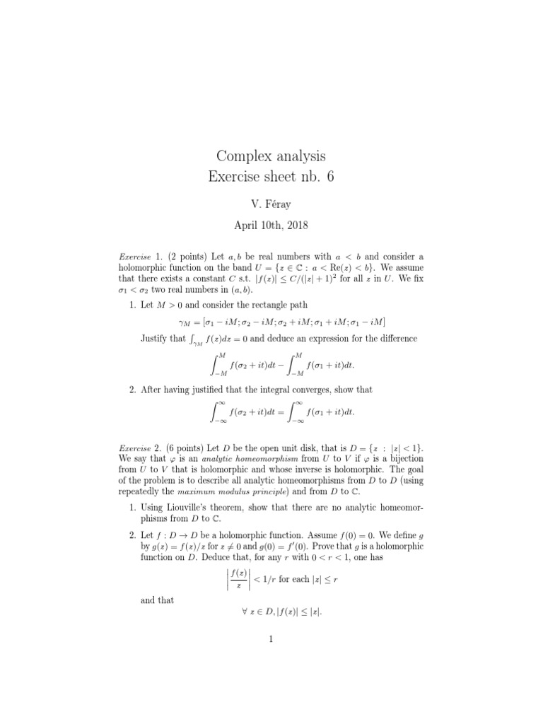 Complex Analysis Exercise Sheet Nb. 6: V. Féray April 10th, 2018 | PDF | Holomorphic Function ...
