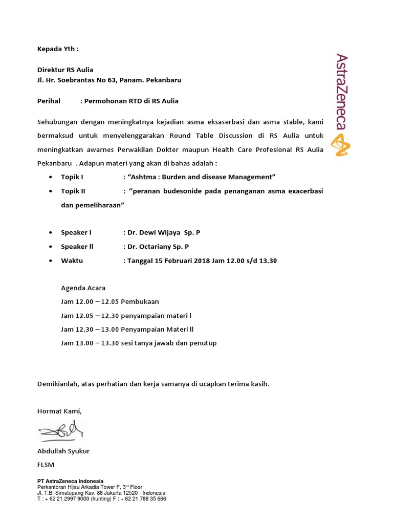 Surat Permohonan RTD RS Aulia | PDF