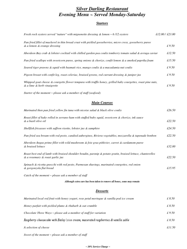 Silver Darling Restaurant Evening Menu Served Monday-Saturday | PDF ...
