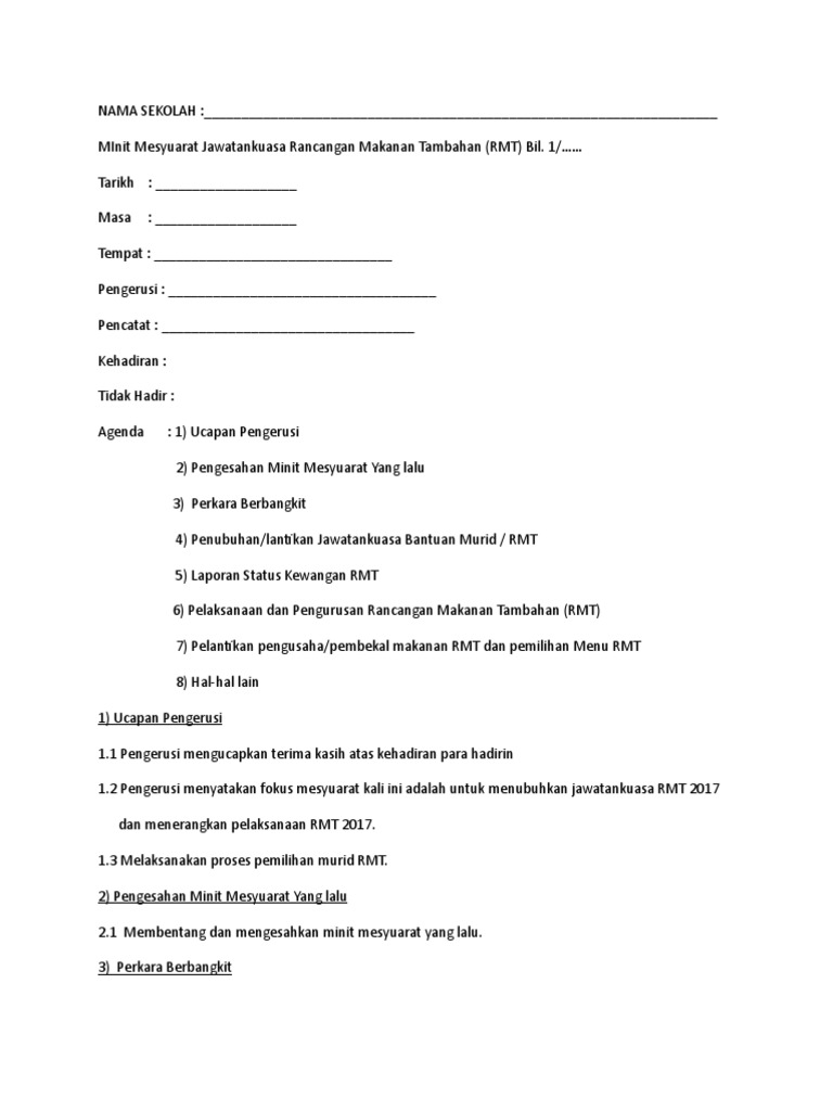 Contoh Minit Mesyuarat RMT | PDF