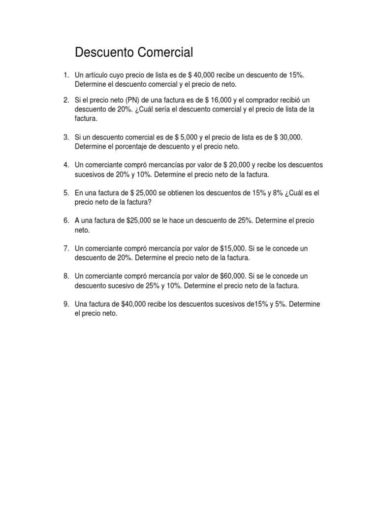 Práctica Sobre Descuentos Comerciales | PDF