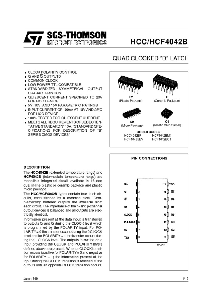 HCC/HCF4042B: Quad Clocked "D" Latch | PDF | Electricity | Electromagnetism