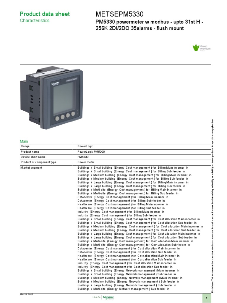 PowerLogic PM5330 Power Meter Datasheet | PDF | Ac Power | Electric Power