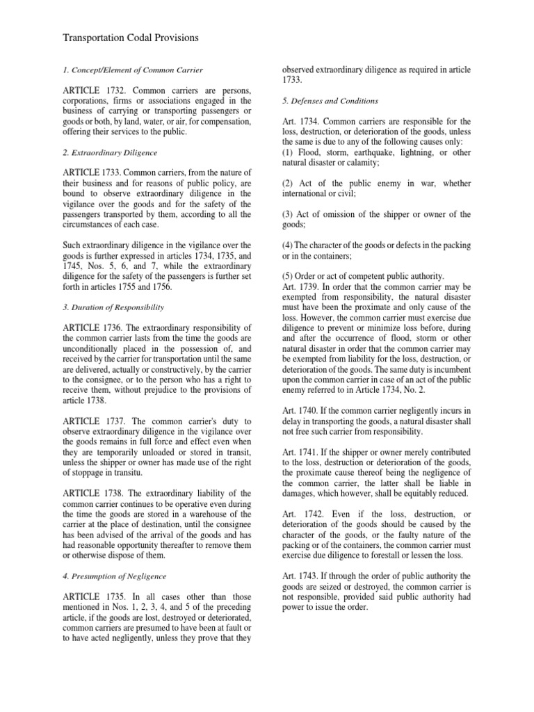 Transpo Codal Provisions | PDF | Common Carrier | Negligence