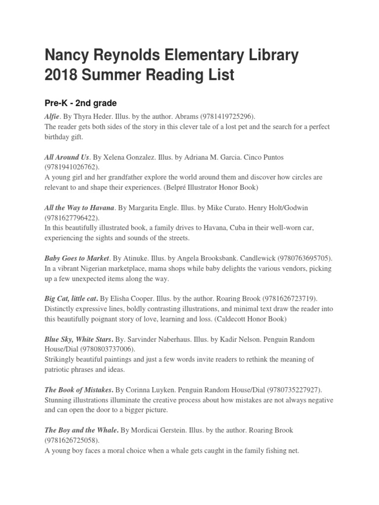 Nancy Reynolds Elementary Library 2018 Summer Reading List: Pre-K - 2nd ...
