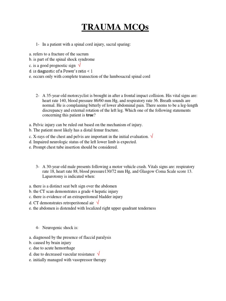 TRAUMA MCQs PDF | PDF | Major Trauma | Spinal Cord Injury