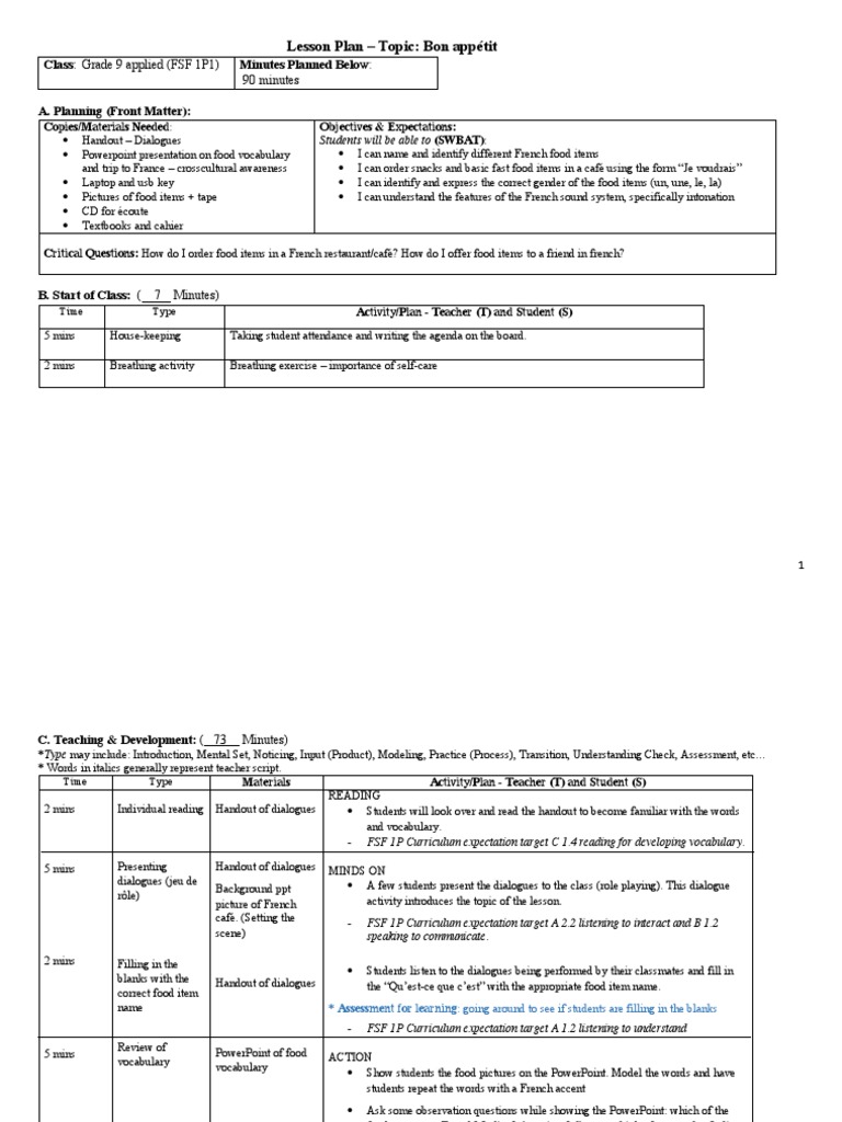 Lesson Plan French New 1 | PDF | Educational Assessment | Lesson Plan