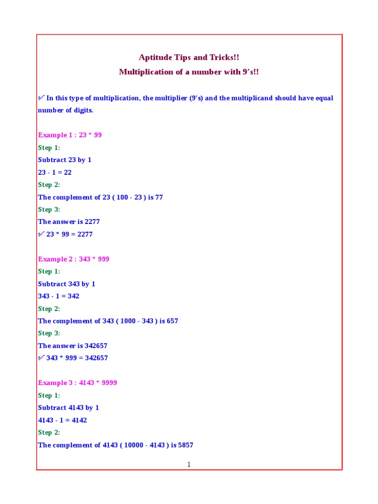Aptitude Tips and Tricks!! Multiplication of A Number With 9 S!! | PDF ...