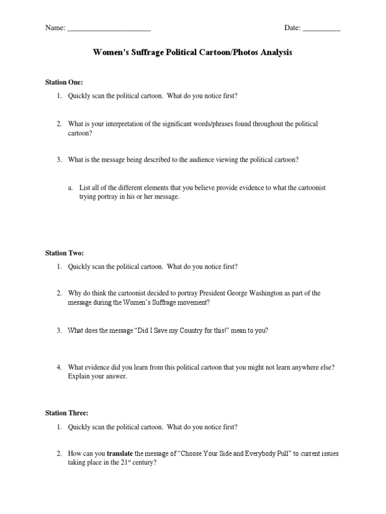 Womens Suffrage Gallery Walk Questions | PDF | Cartoon | Communication