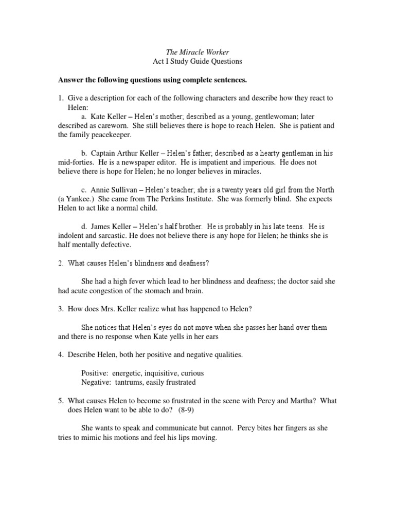Act I Study Guide for The Miracle Worker | PDF | General Fiction