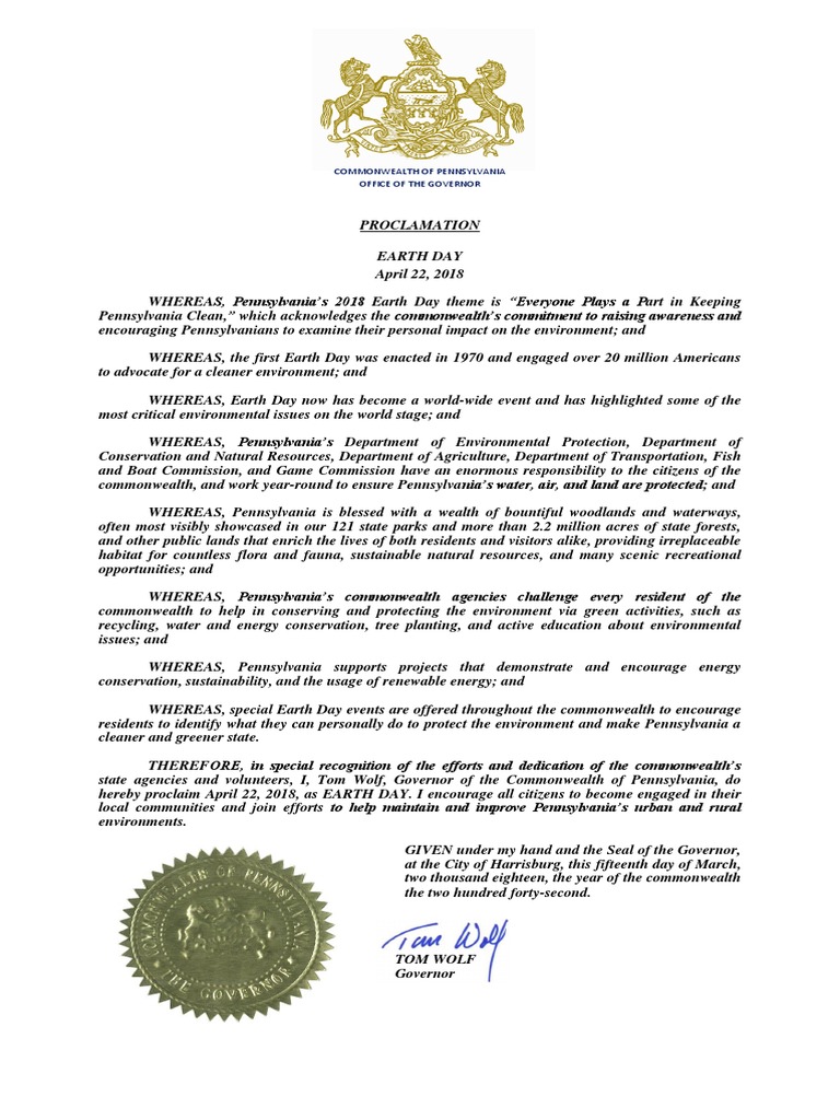 Pennsylvania Earth Day Proclamation 2018 | PDF | Environmental ...