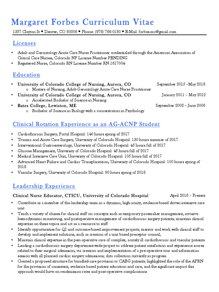 Margaret Forbes: AG-ACNP CV Denver | PDF | Nurse Practitioner | Nursing