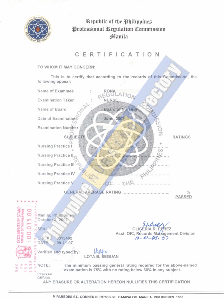 PRC Certificate of Board Rating (Registered Nurse) | PDF