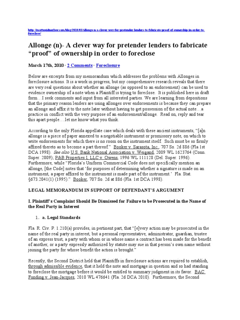 Allonge: Issues in Foreclosure Proof | PDF | Foreclosure | Promissory Note