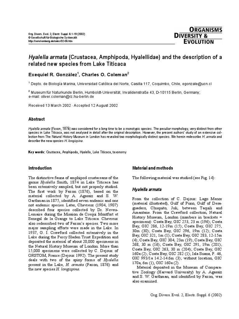 Hyalella Armata (Crustacea, Amphipoda, Hyalellidae) and The Description ...