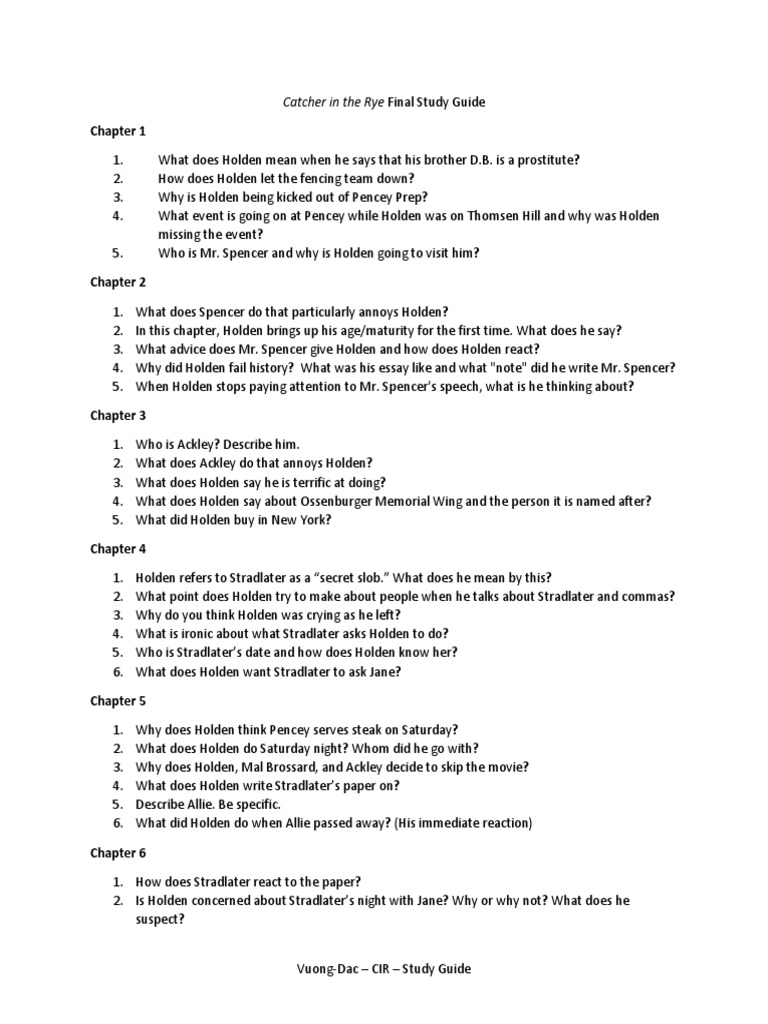 Catcher in The Rye Questions Master List | PDF