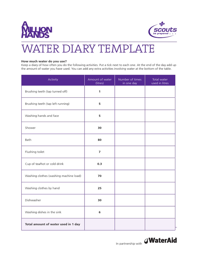 Water Diary Template: How Much Water Do You Use? | PDF