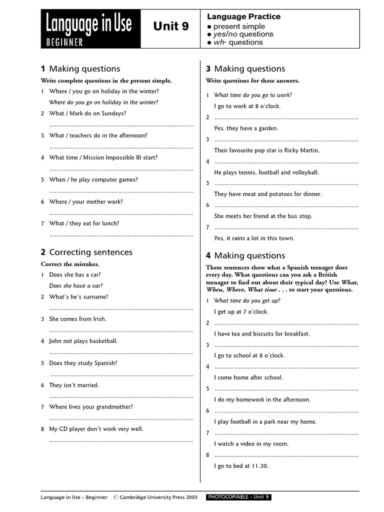 Language in Use Beginner Unit9 Worksheet | PDF | Question