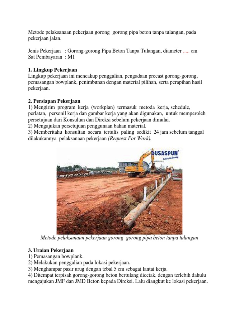 Metode Pelaksanaan Pekerjaan Gorong Gorong Pipa Beton Tanpa Tulangan | PDF