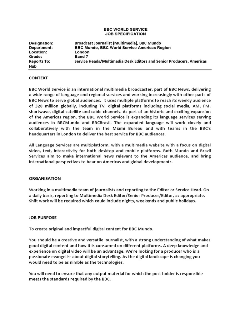 Broadcast Journalist - MultimediaMundo Job Description | PDF | Bbc | News