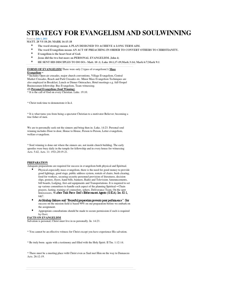Strategy For Evangelism and Soul Winning | PDF | Evangelism | Gospel Of ...