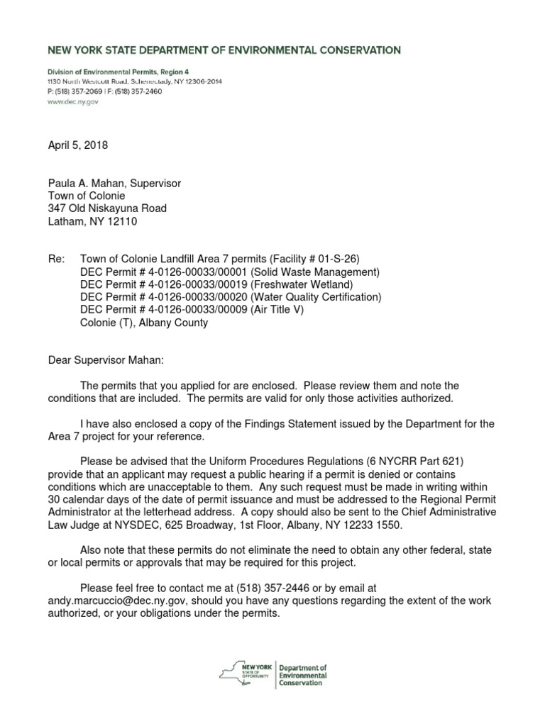Colonie Landfill Area 7 Permit Details | PDF | Landfill | Clean Water Act