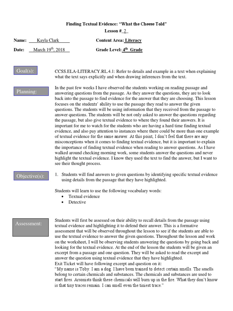 Second Lesson Plan Finding Textual Evidence | PDF | Detective | Crime Scene
