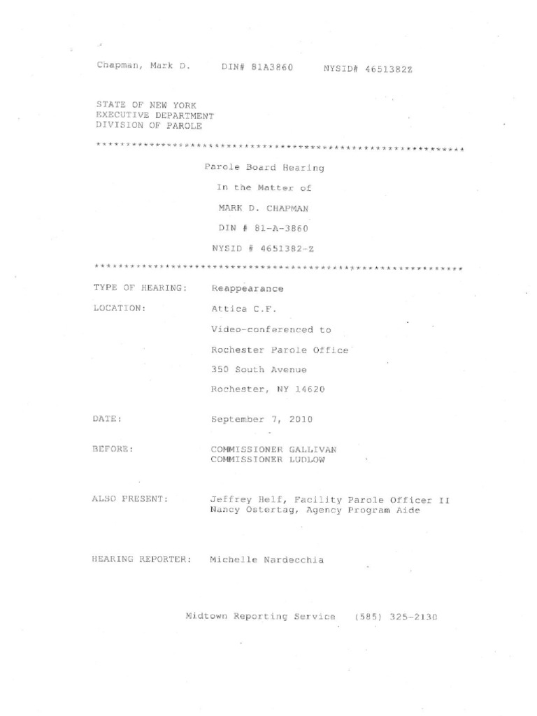 Mark David Chapman Parole Hearing - 2010 | PDF