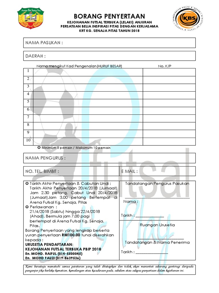 Borang Penyertaan Futsal Pbip 2018 PDF | PDF