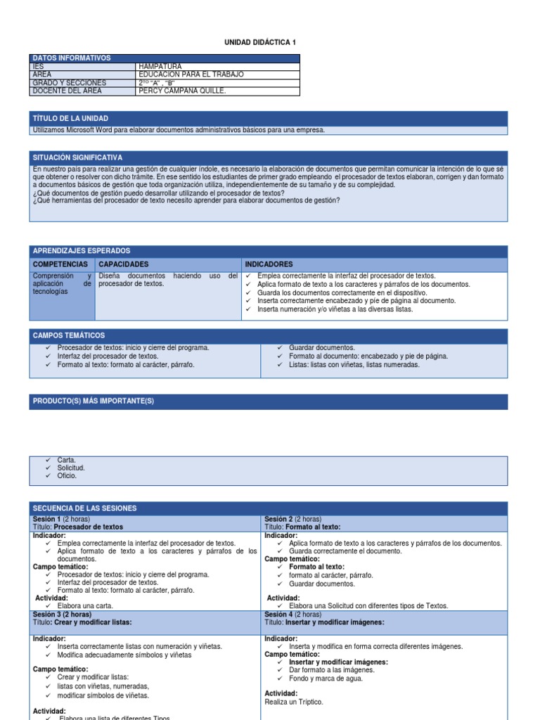 Ept1 Tic-Unidad 1 Word | PDF | Microsoft Word | Procesador de textos