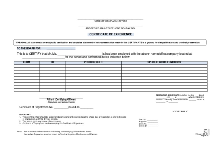 PRC Certificate of Experience PDF | PDF | Government | Government ...