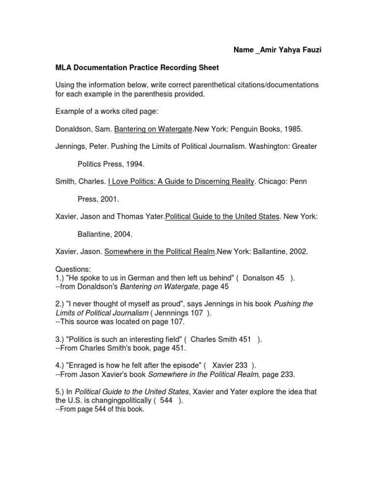 Mla Documentation Recording Sheet | Download Free PDF | Citation ...