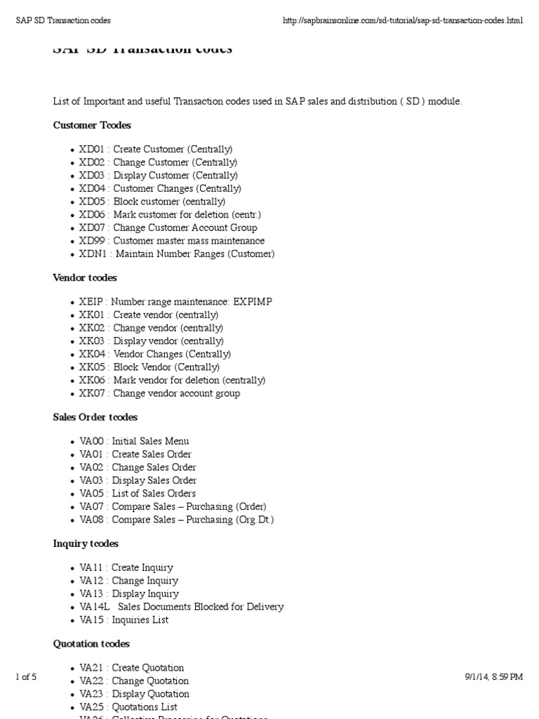SAP SD Transaction Codes | PDF | Business | Computing
