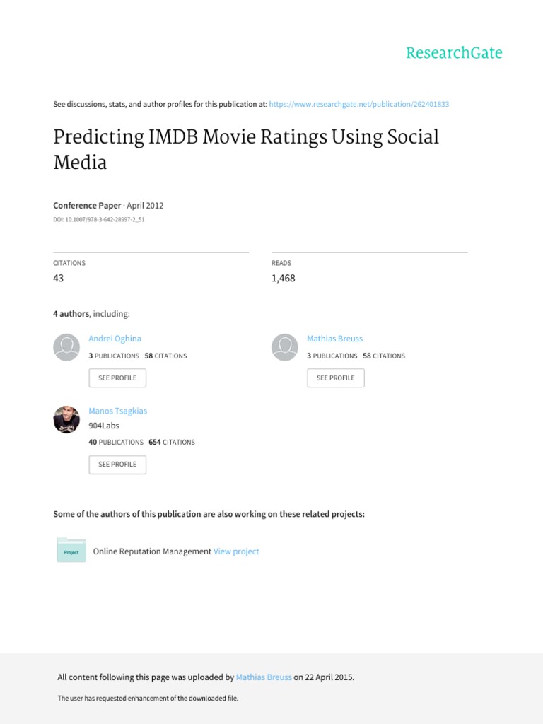 Predicting IMDB Movie Ratings Using Social Media | PDF | Social Media ...