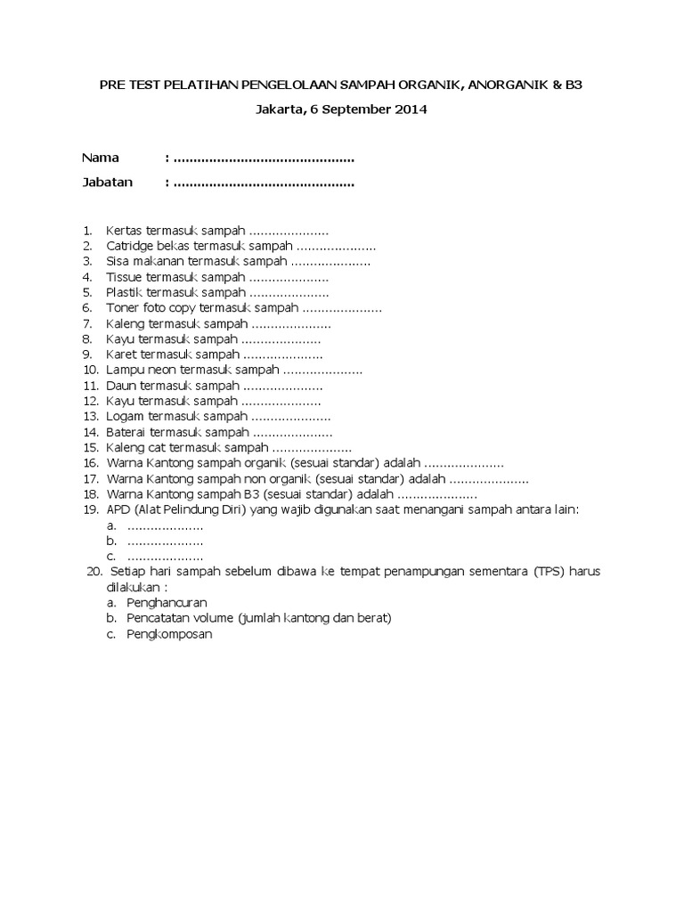 Pre & Post Test Pelatihan Pengelolaan Sampah | PDF