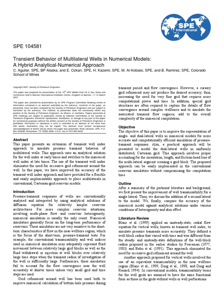 SPE 104581 Transient Behavior of Multilateral Wells in Numerical Models: A Hybrid Analytical ...