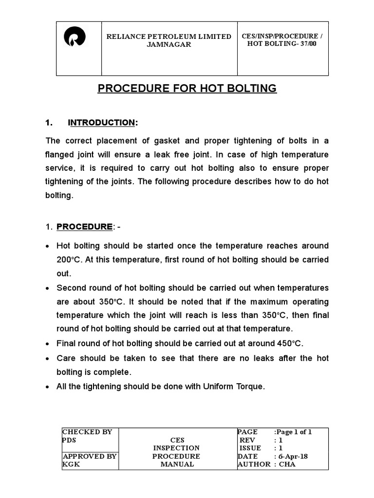Procedure For Hot Bolting | PDF