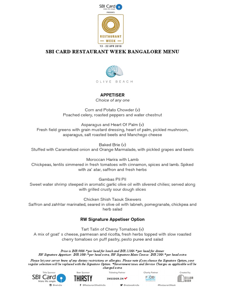 RWA2018 - BLR - Olive Beach Menu | PDF | Roasting | Salad