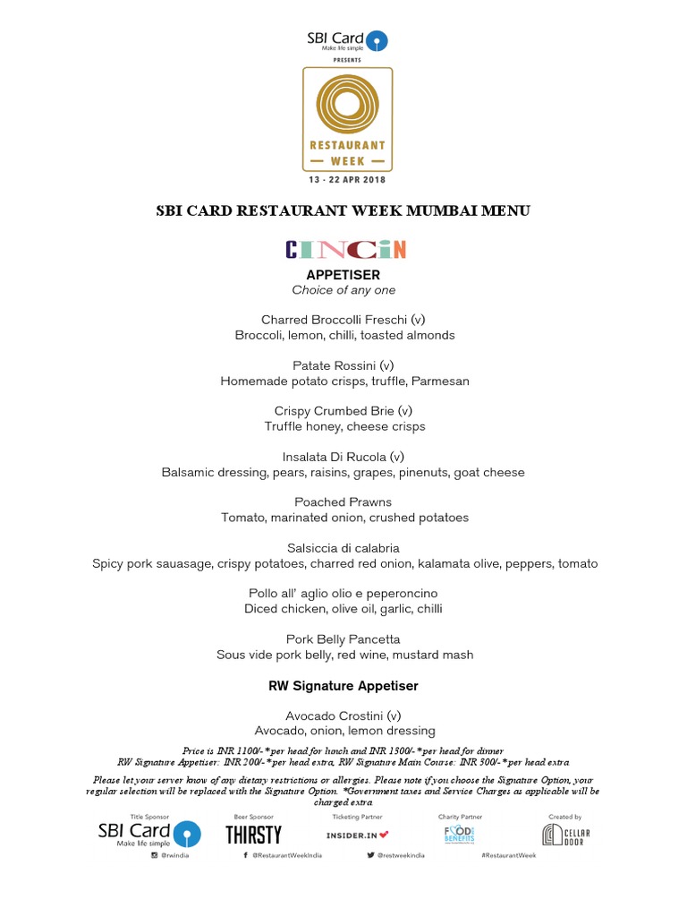 Sbi Card Restaurant Week Mumbai Menu: Choice of Any One | PDF | Pesto ...